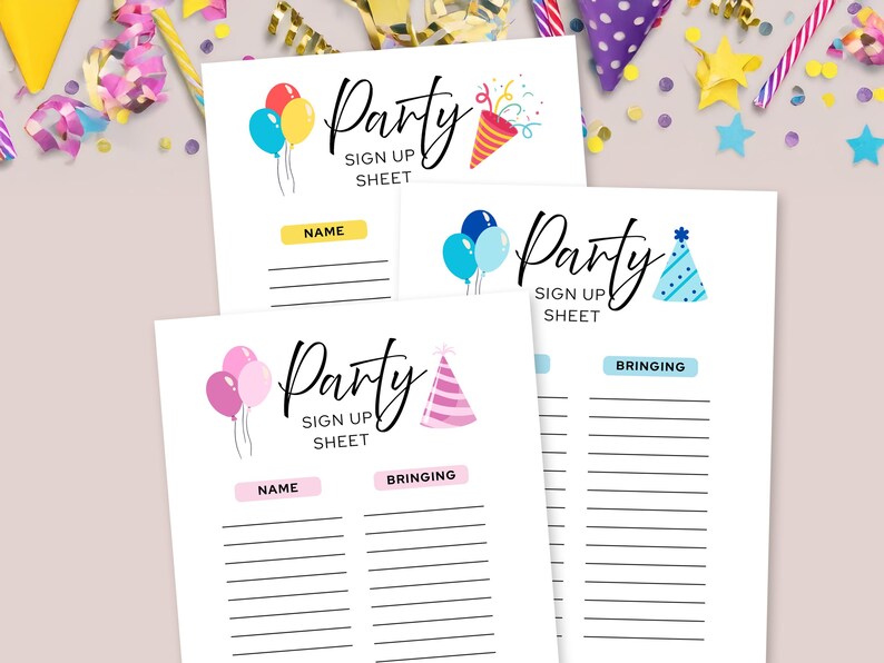Party Sign up Sheets - Printable Set of 3 - Etsy