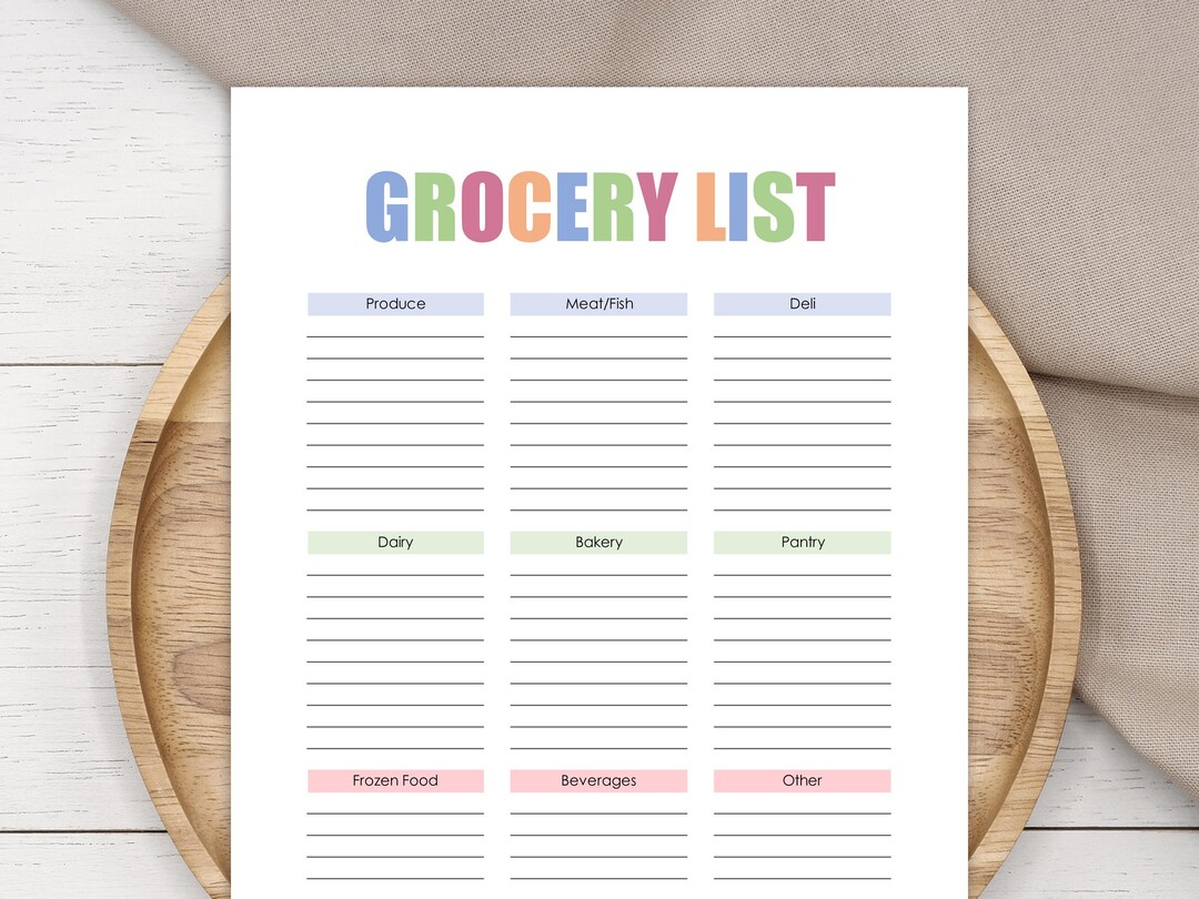 Grocery List Printable - Colorful Shopping List, Food Planning List ...