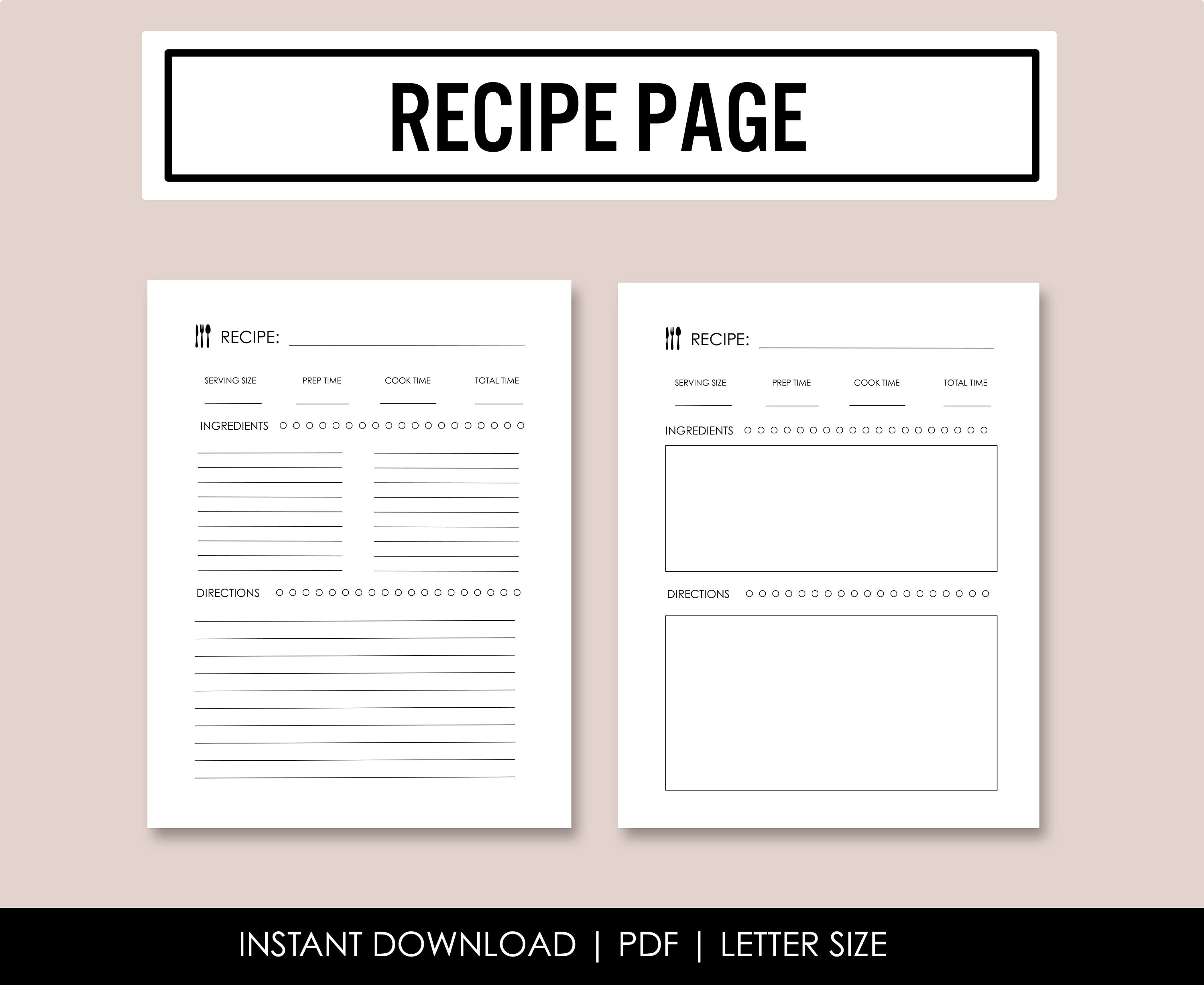 Recipe Page Printable Recipe Template Recipe Printout Fillable PDF - Etsy