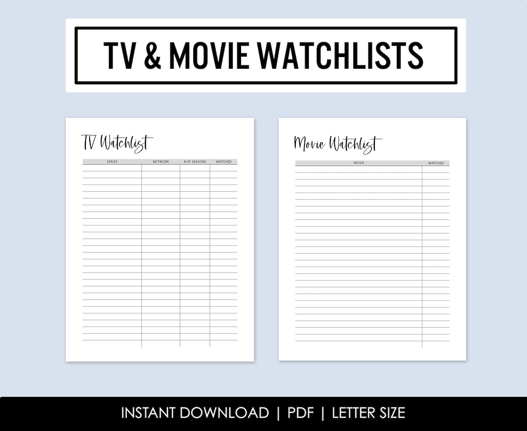 TV & Movie Watchlist Sheets, Printable Movie Tracker, TV Tracker, Movie ...