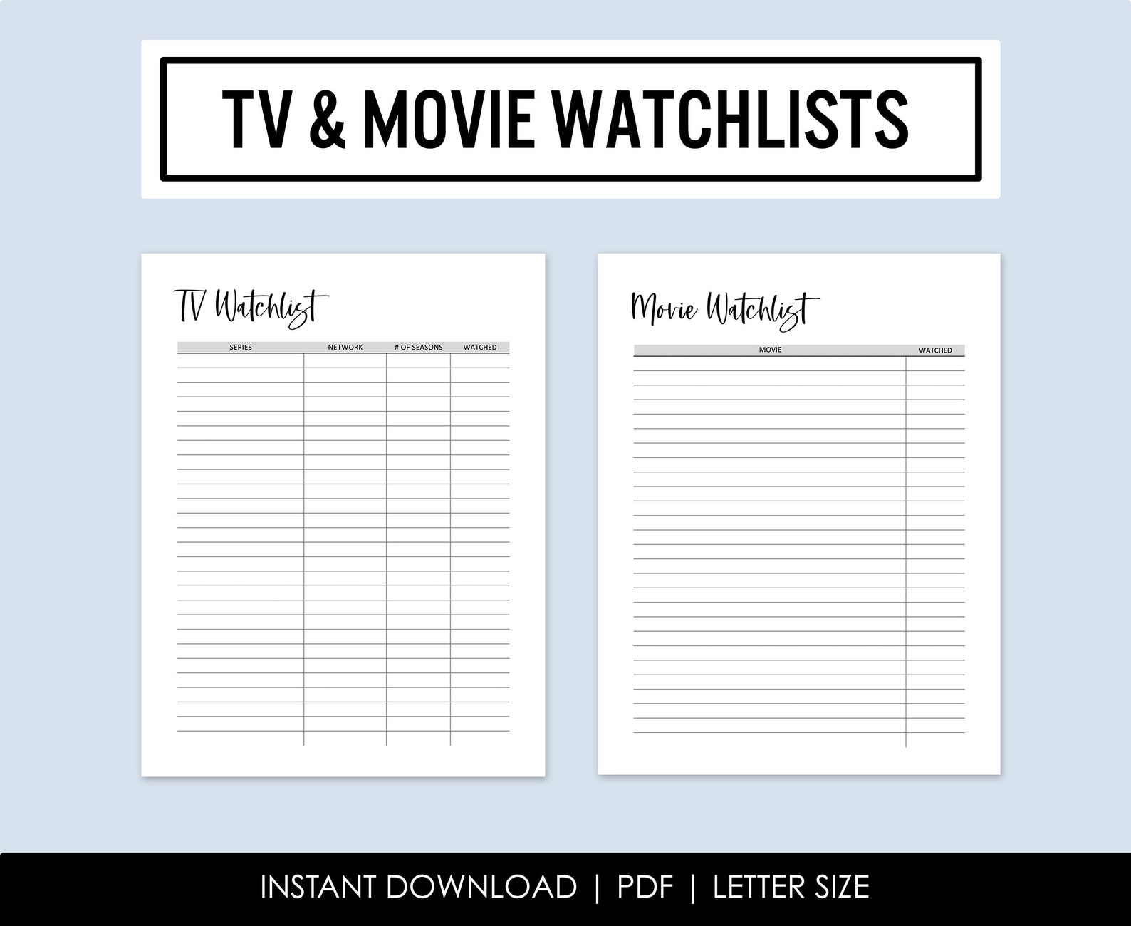 TV & Movie Watchlist Sheets, Printable Movie Tracker, TV Tracker, Movie ...