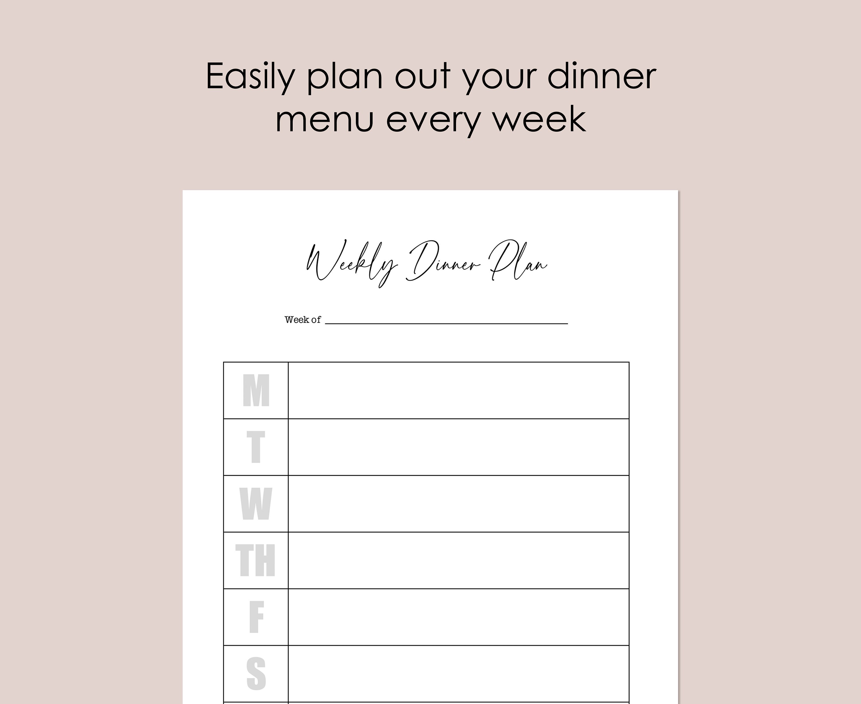 Weekly Meal Plan - Dinner Menu - Printable Planner - Instant Download ...