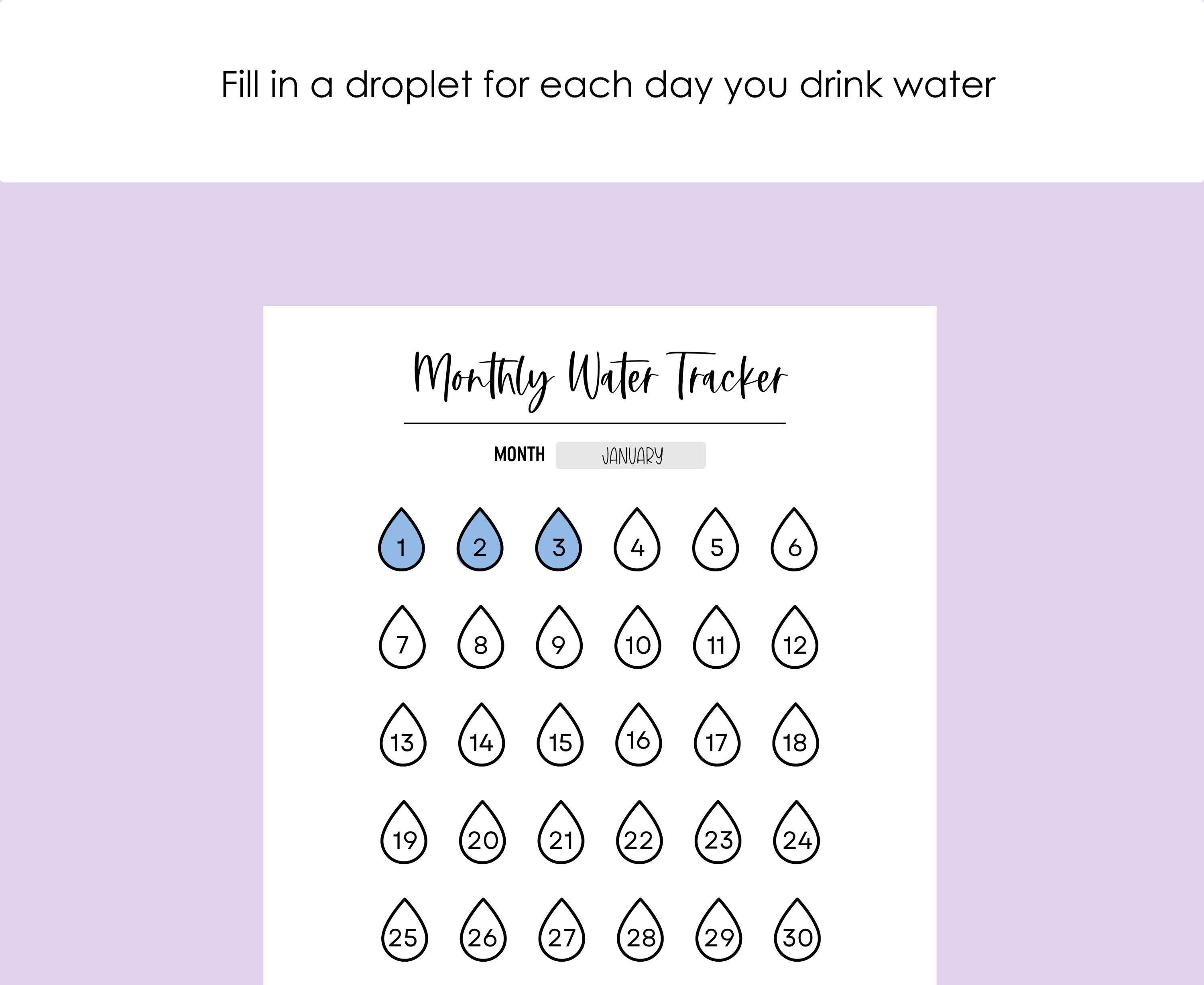 Monthly Water Tracker, Water Intake Log, Lifestyle Worksheet, PDF ...