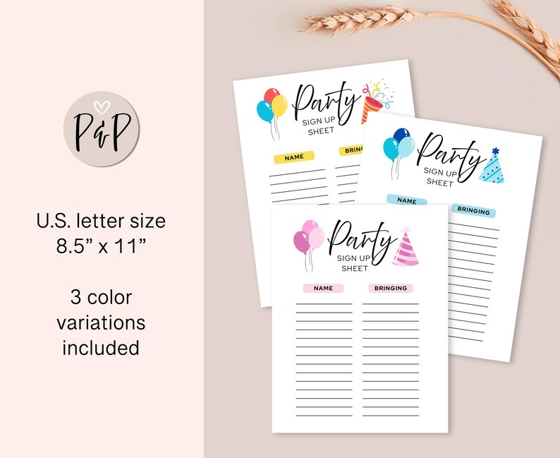 Party Sign up Sheets - Printable Set of 3 - Etsy