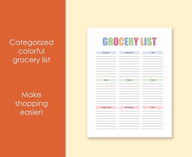 Grocery List Printable - Colorful Shopping List, Food Planning List ...