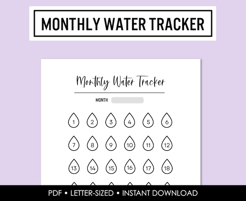 Monthly Water Tracker, Water Intake Log, Lifestyle Worksheet, PDF ...