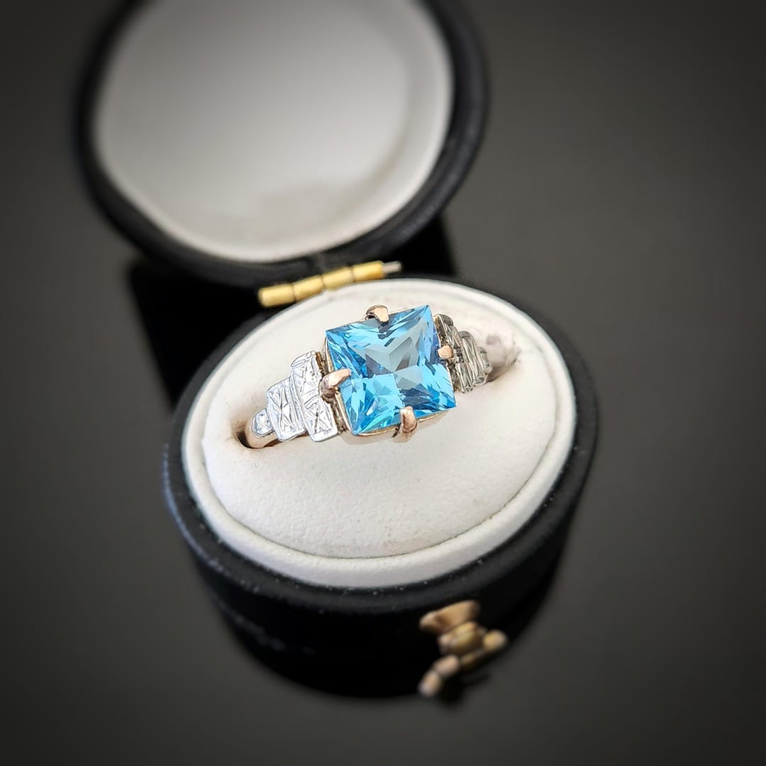 Art Deco 9ct Rose Gold and Platinum Swiss Blue Topaz Ring - Etsy