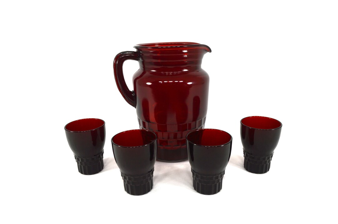 Vintage Pitcher and Juice Glass Set, 5 Piece Set, Ruby Red, Anchor ...