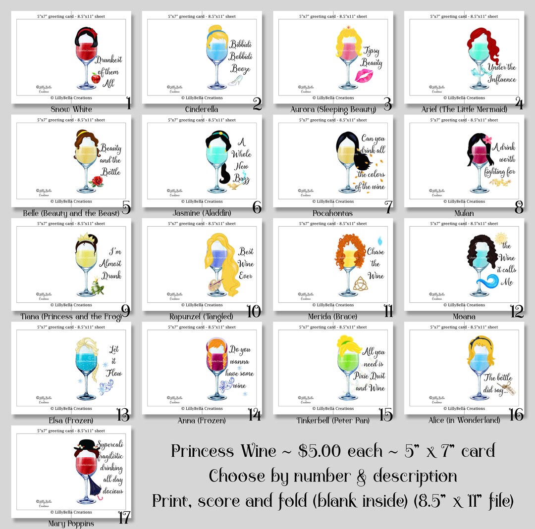Wine Princesses ~ 17 Digital Cards 5" X 7" Snow White, Cinderella ...