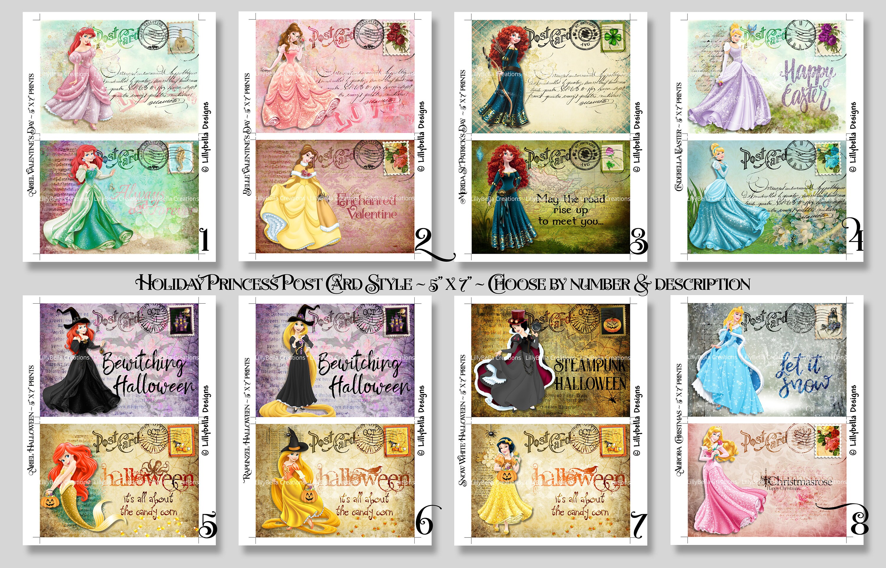 16 Princess Holiday Postcards 5 X 7 DIGITAL PRINTS ~ Ariel, Belle ...