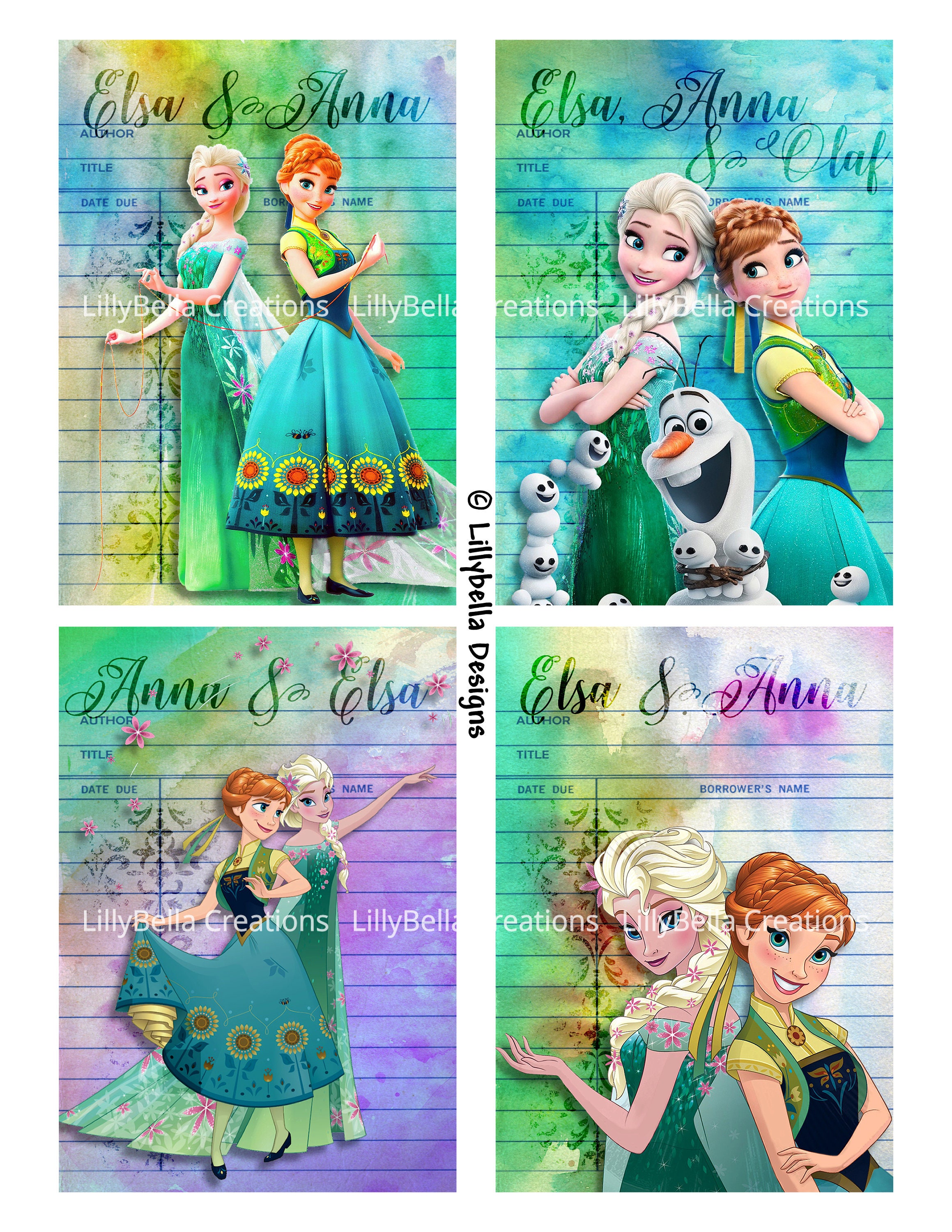 12 Frozen Frozen Fever Watercolor Library Card Dictionary Mixed Media ...