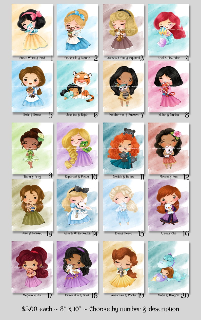 20 Princess Watercolor Art Digital Prints 8" X 10" Snow White ...