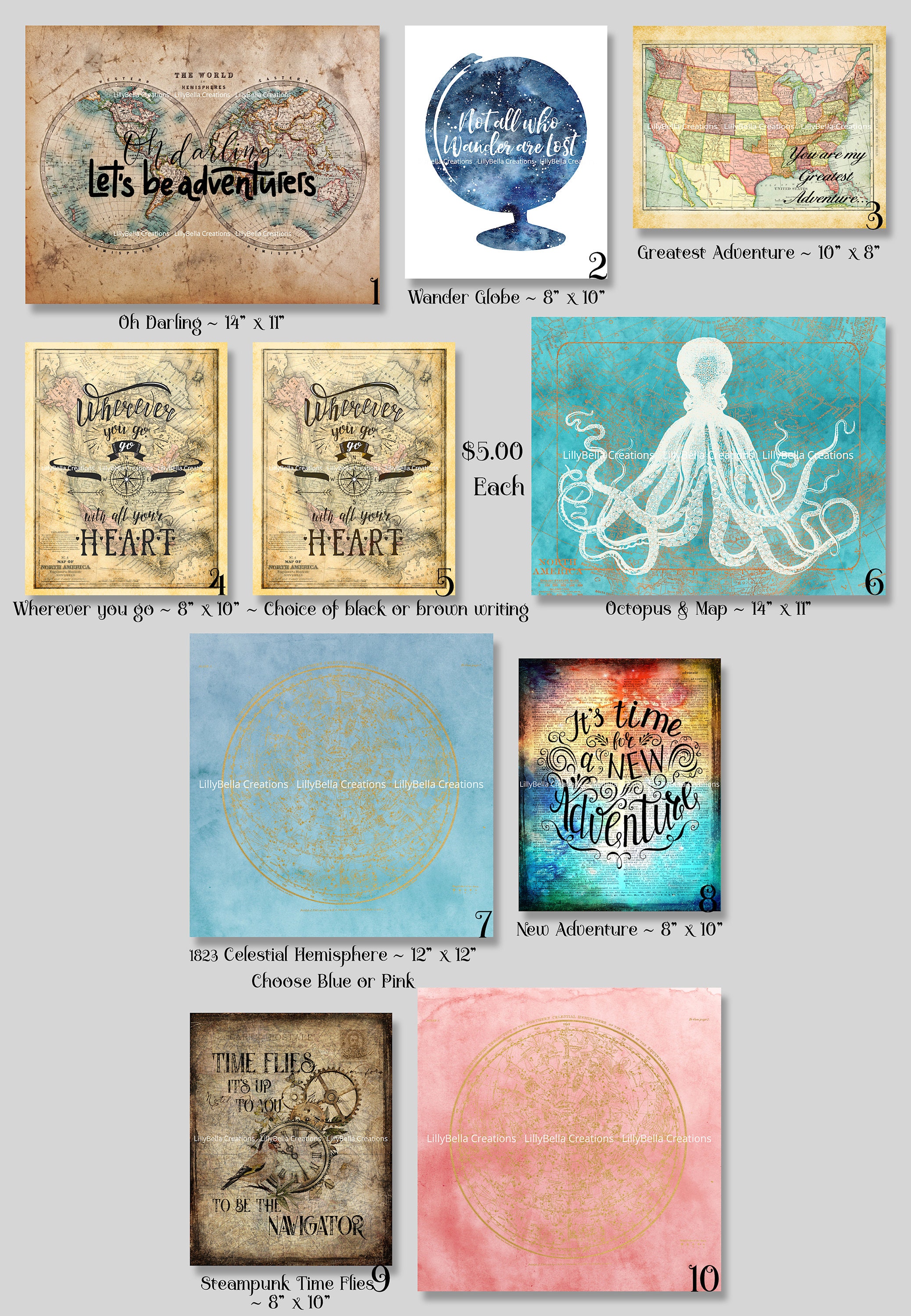 10 Travel & Map ~ Mixed Media Watercolor Digital Art Prints ~ Adventure ...