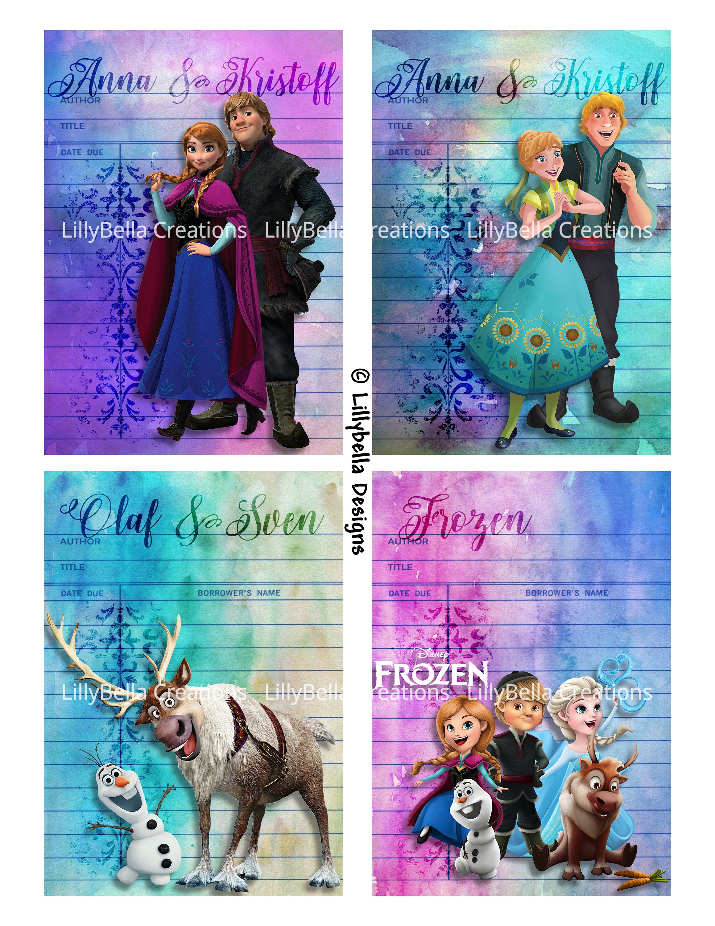 12 Frozen Frozen Fever Watercolor Library Card Dictionary Mixed Media ...