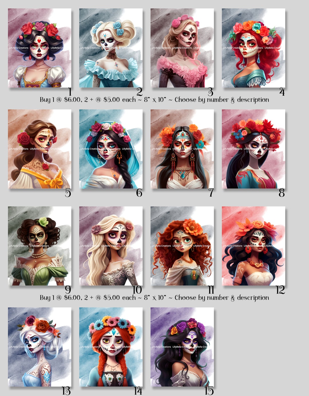 15 Princess Day of the Dead ~ Mixed Media Art Prints: 8" X 10" Snow ...