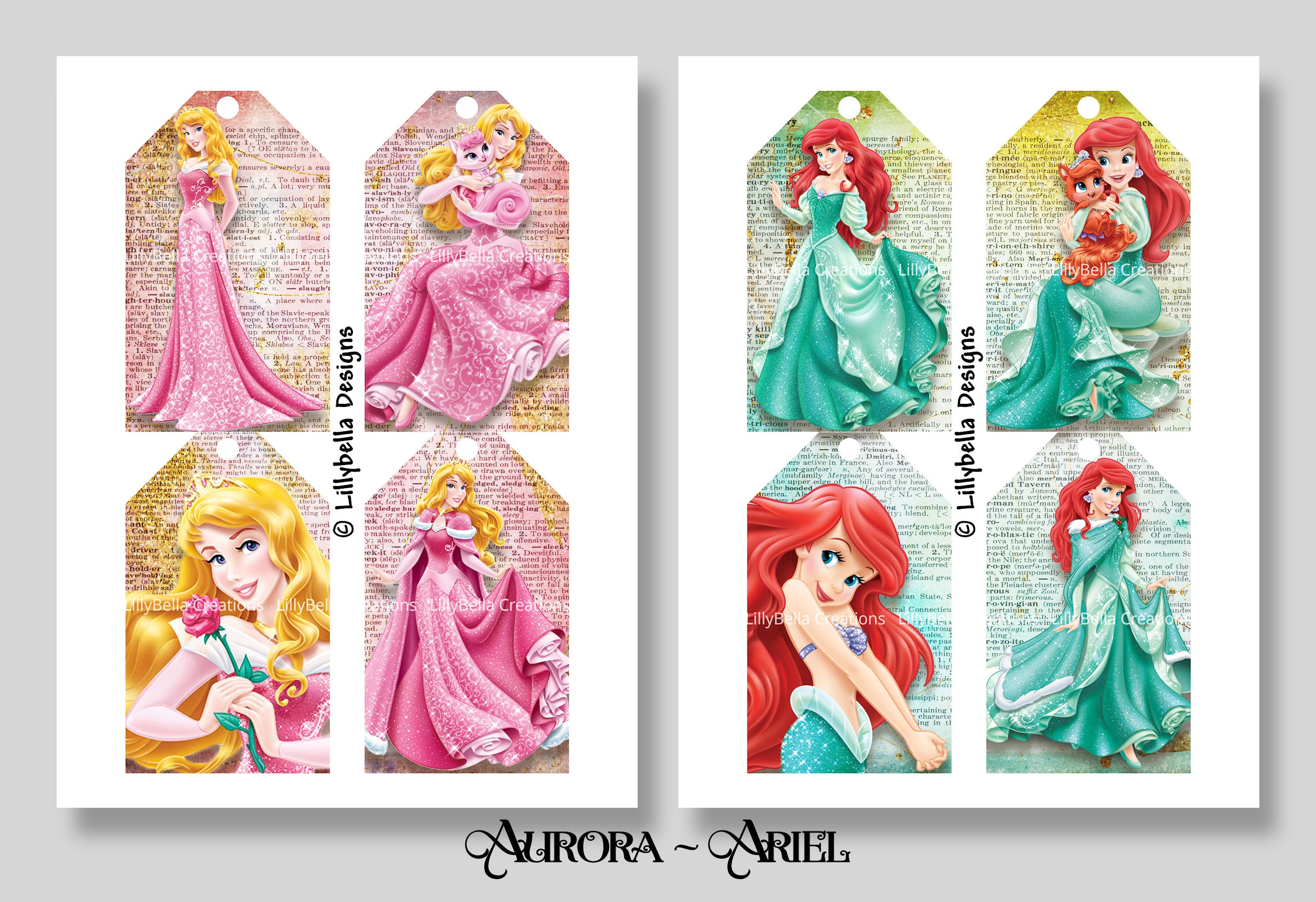 Princesses 12 Digital Art Tags Snow White, Cinderella, Aurora, Ariel ...