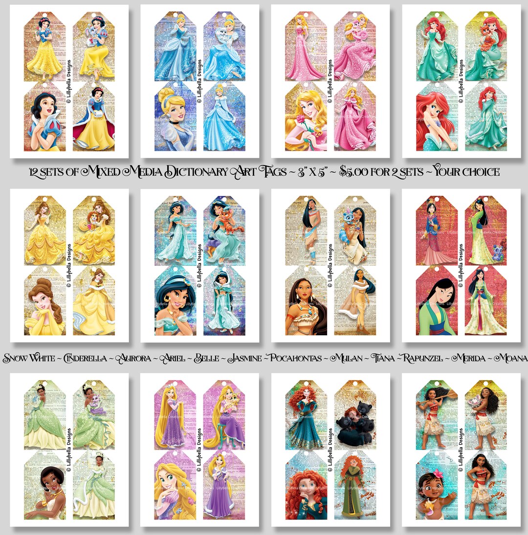 Princesses ~ 12 Digital Art Tags ~ Snow White, Cinderella, Aurora ...