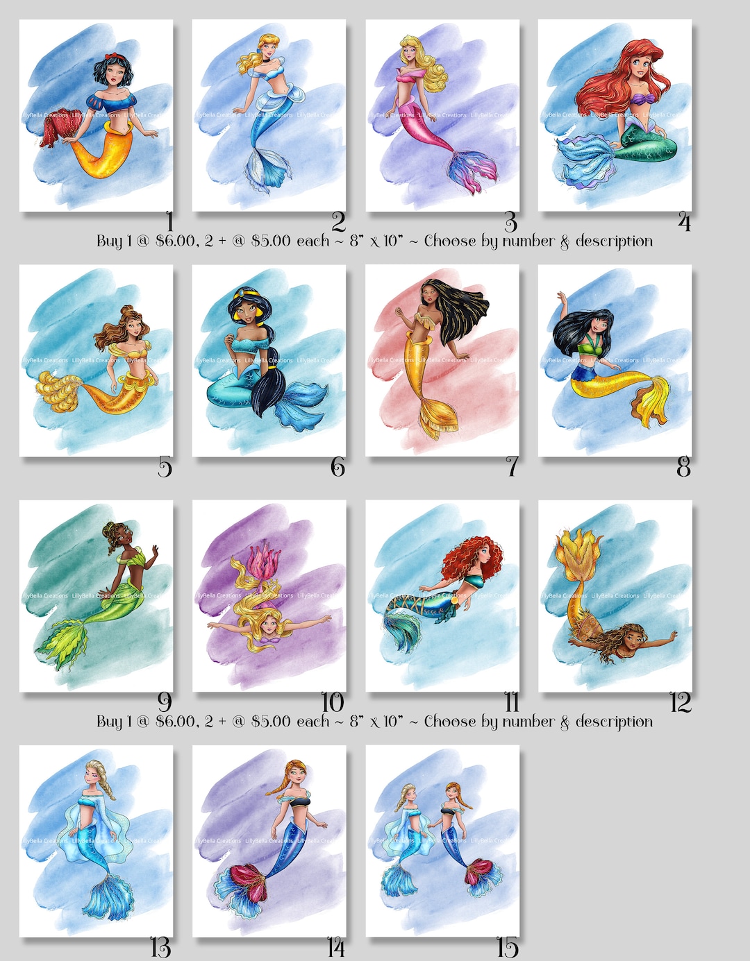 15 Mermaid Princesses ~ Mixed Media Art Prints: 8" X 10" ~ Snow White ...