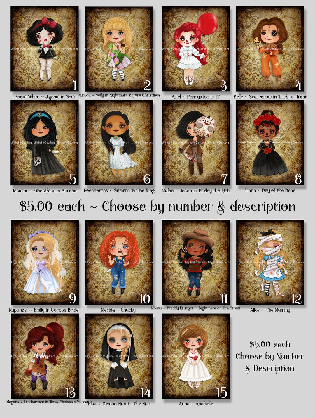 15 Princess Horror Movie Art Digital Prints ~ Snow White, Aurora, Ariel ...