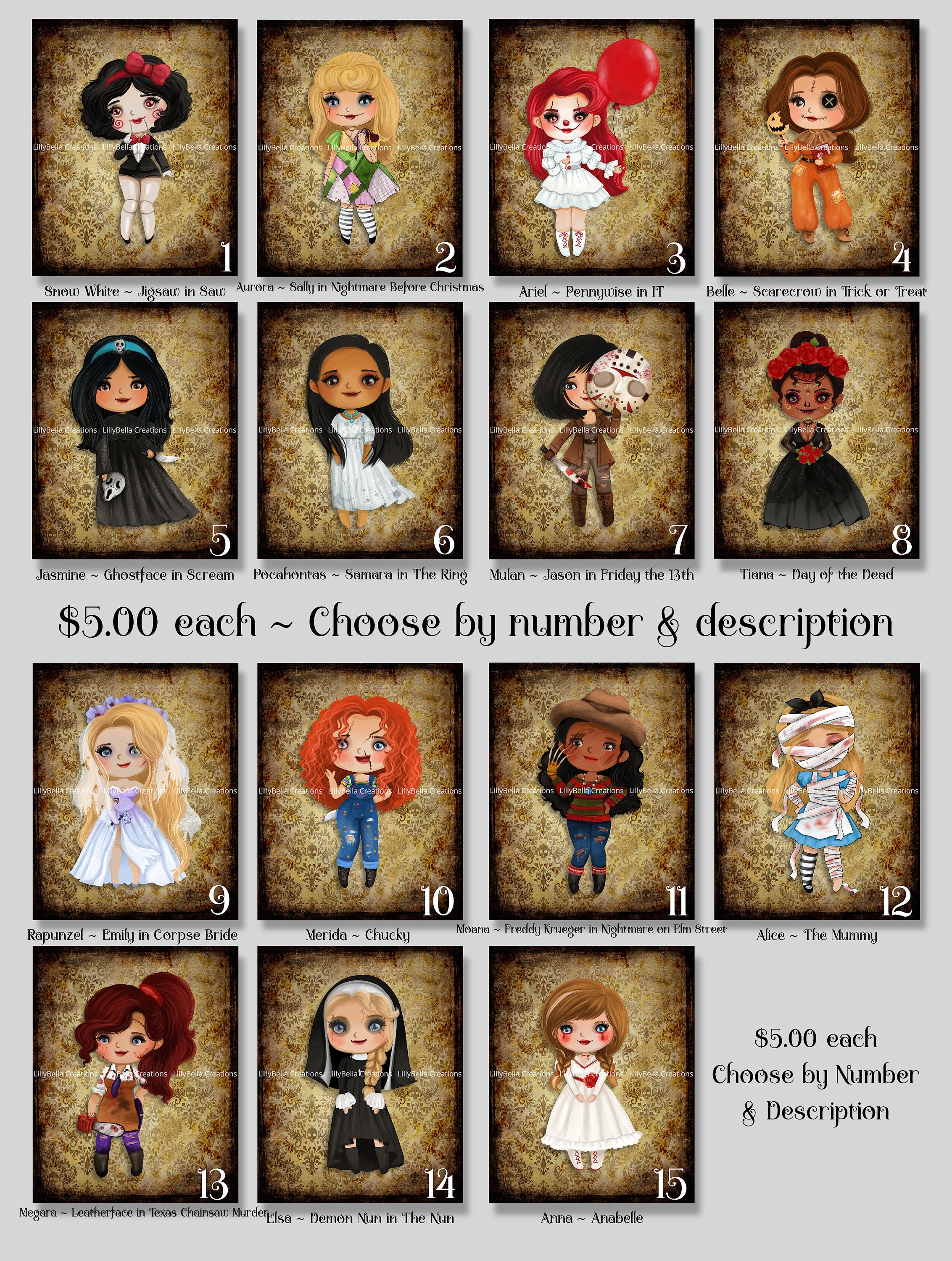 15 Princess Horror Movie Art Digital Prints Snow White, Aurora, Ariel ...