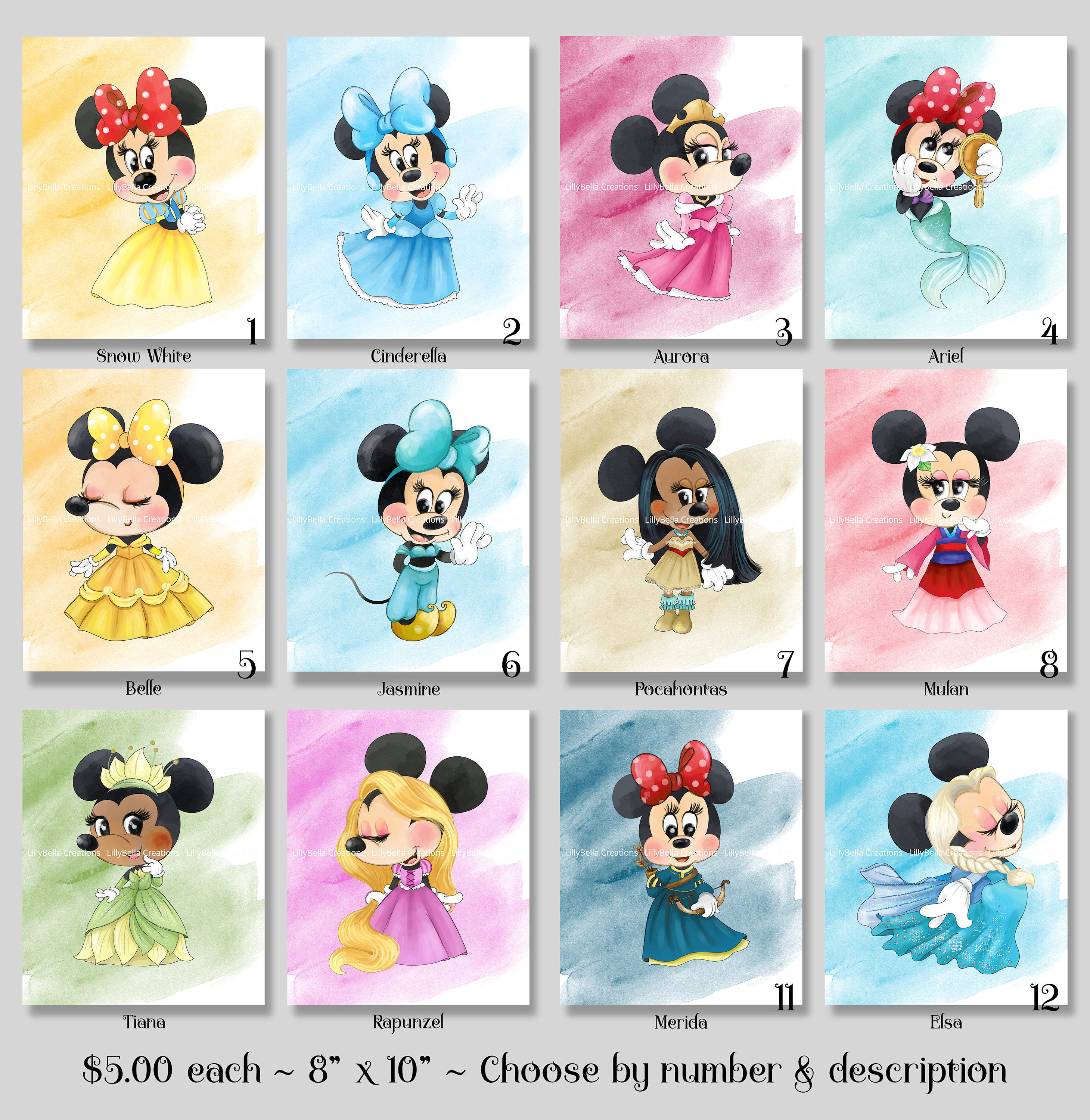 12 Princess Minnie Mouse Watercolor Digital Art Prints 8 X 10 Snow ...