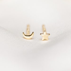 Gold Moon and Star Earrings, Tiny Moon Earrings, Small Star Studs, Silver Minimal Studs, Dainty ...