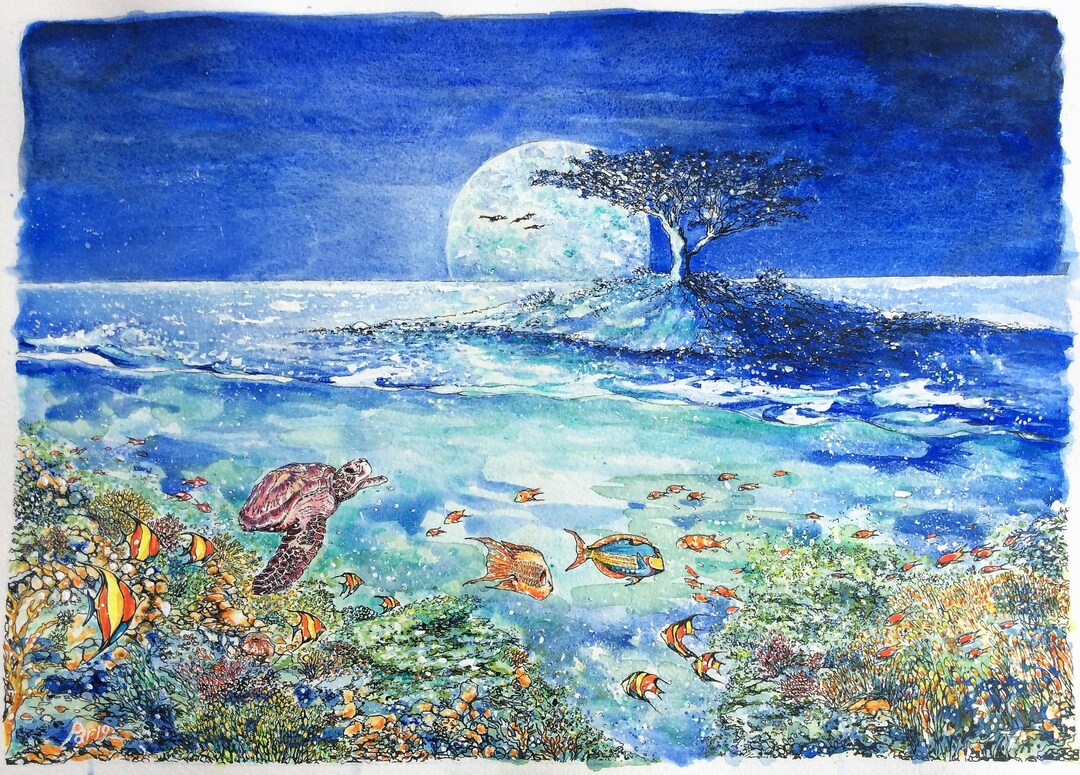 Sea Turtle Art,under the Sea,underwater Print, Whimsical Animal Art ...