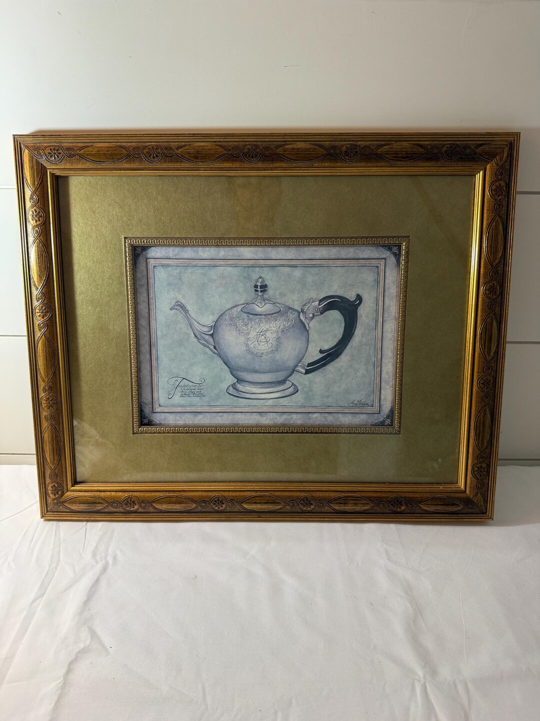 Vintage Teapot Wall Art Framed Lithograph | Cottage Kitchen Decor ...