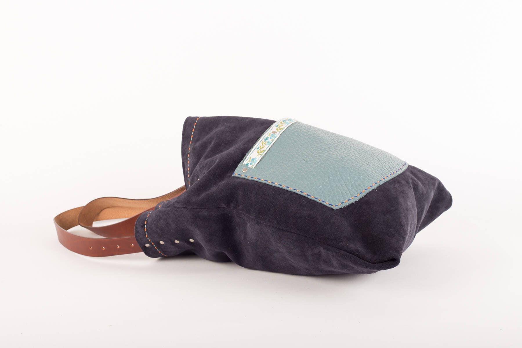 Large Dark Blue Italian Soft Leather Hand Sewn Tote - Etsy