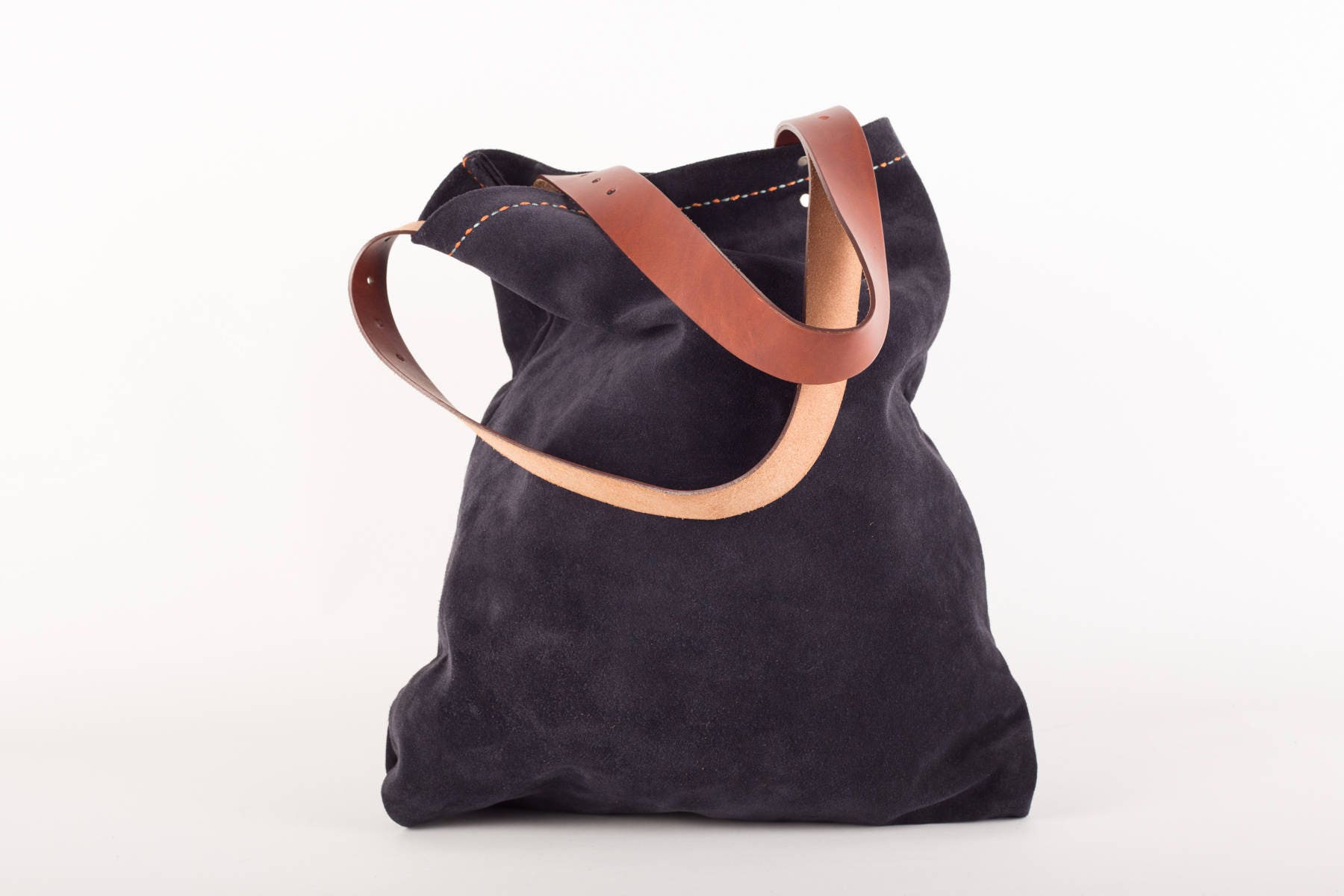 Large Dark Blue Italian Soft Leather Hand Sewn Tote - Etsy