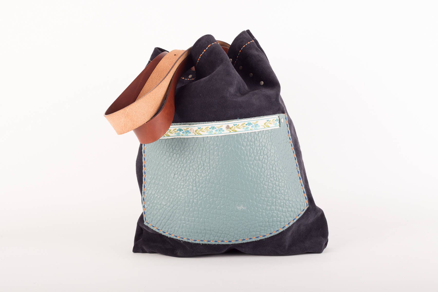 Large Dark Blue Italian Soft Leather Hand Sewn Tote - Etsy