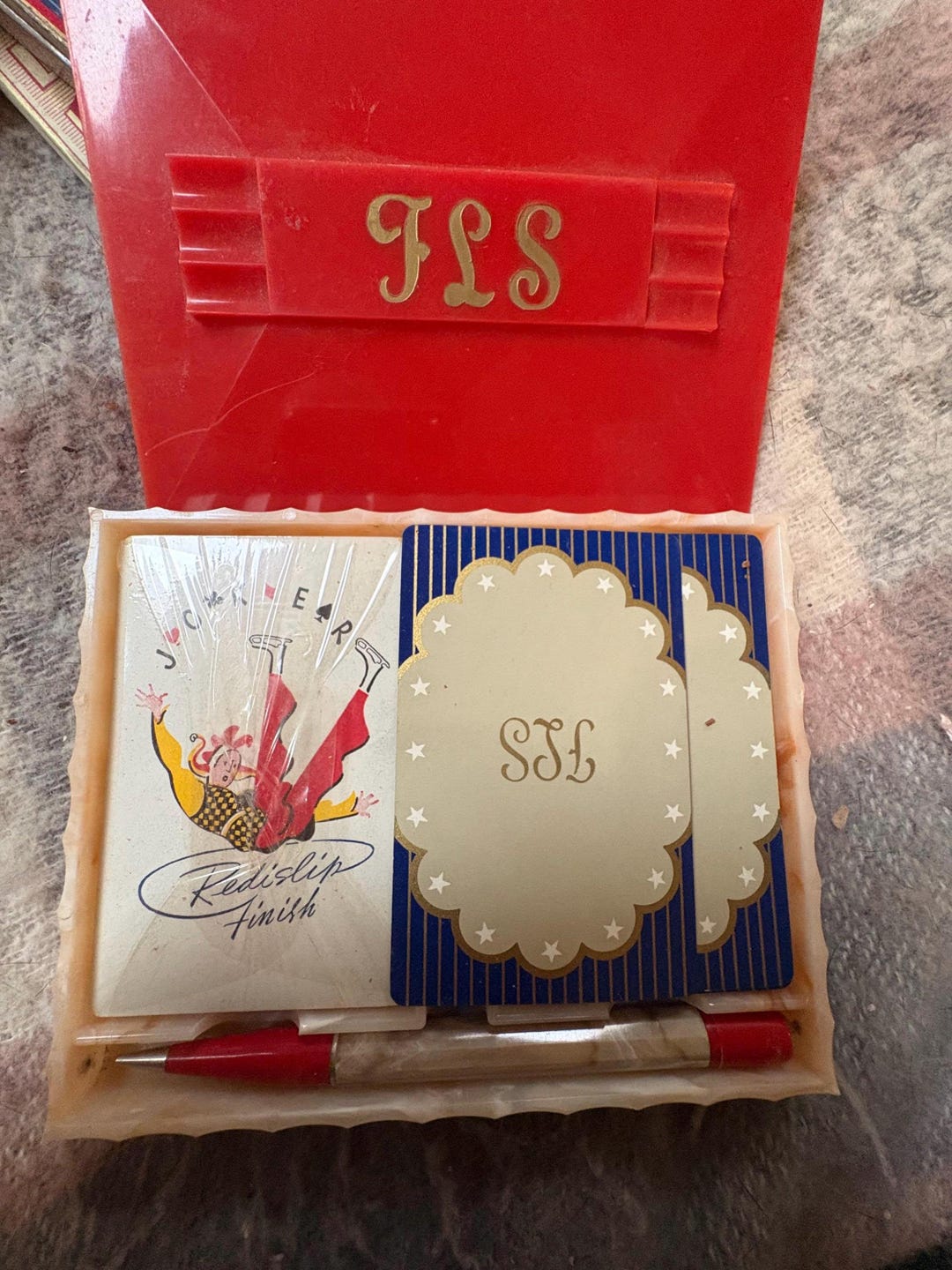 Vintage Bridge Set With Two Sets of Cards, Two Pens, Laquerware Holder ...