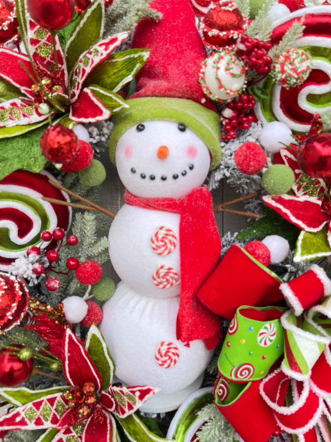 Christmas Winter Holiday Snowman Candy Green and Red Wreath - Etsy