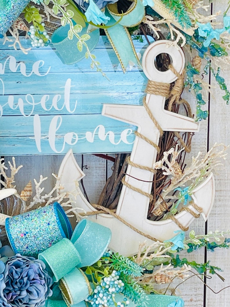 Nautical Anchor Wreath: Turquoise Hydrangea & Coral, Coastal Decor - Etsy