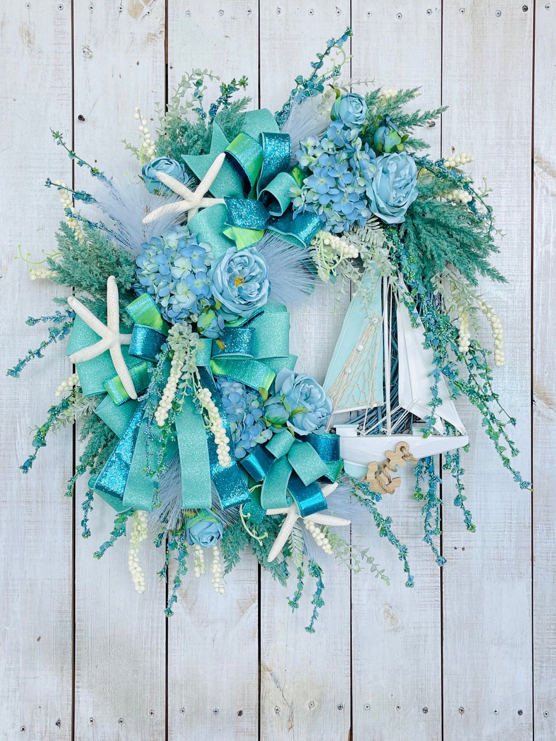 Sailboat Nautical Coastal Beach Summer Blue Turquoise Wreath With Bow ...
