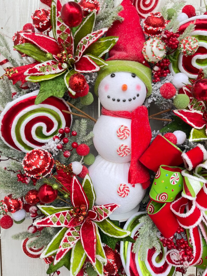 Christmas Winter Holiday Snowman Candy Green and Red Wreath - Etsy