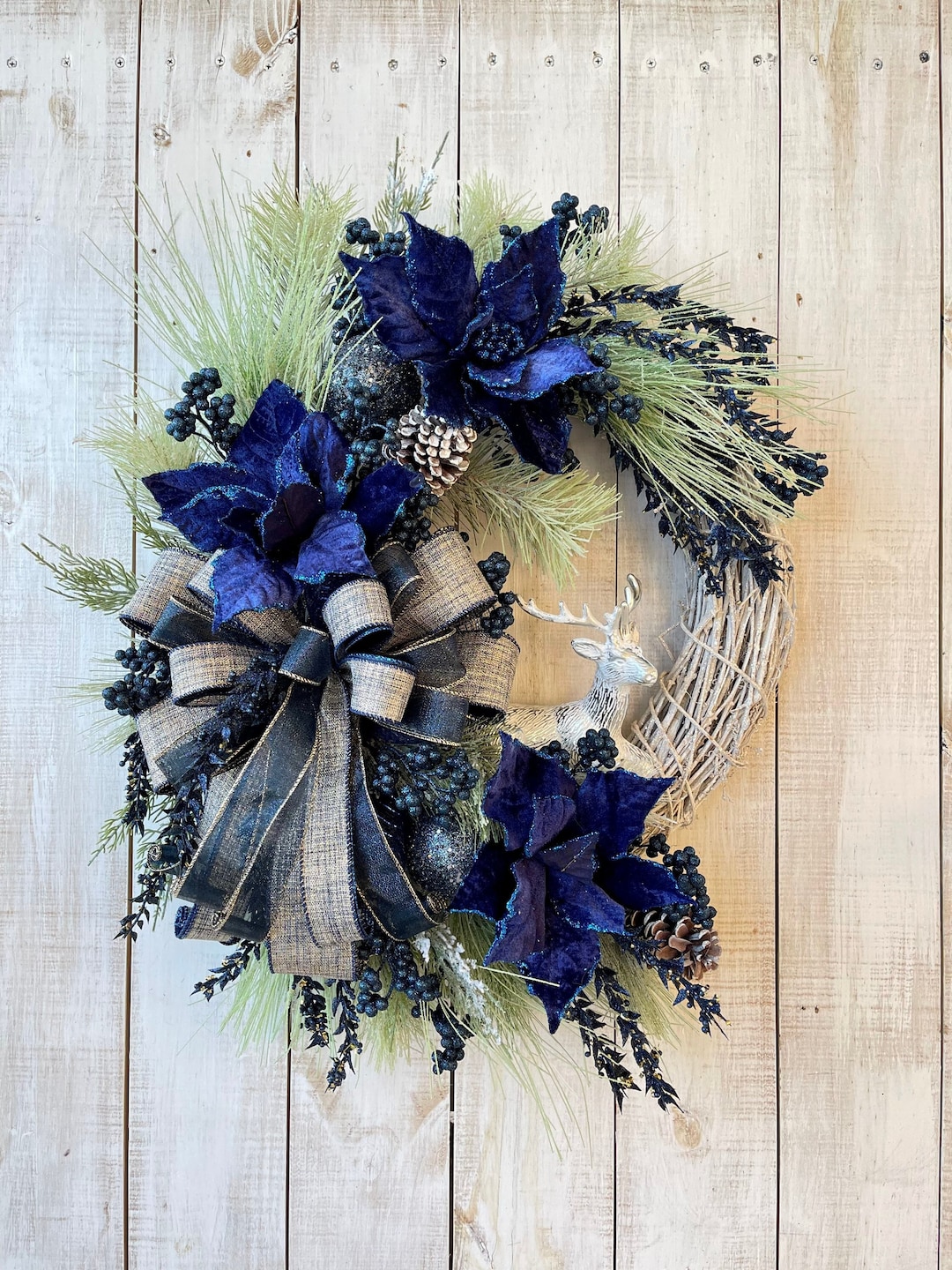 Blue & White Winter Christmas Nautical Coastal Reindeer Holiday Wreath ...