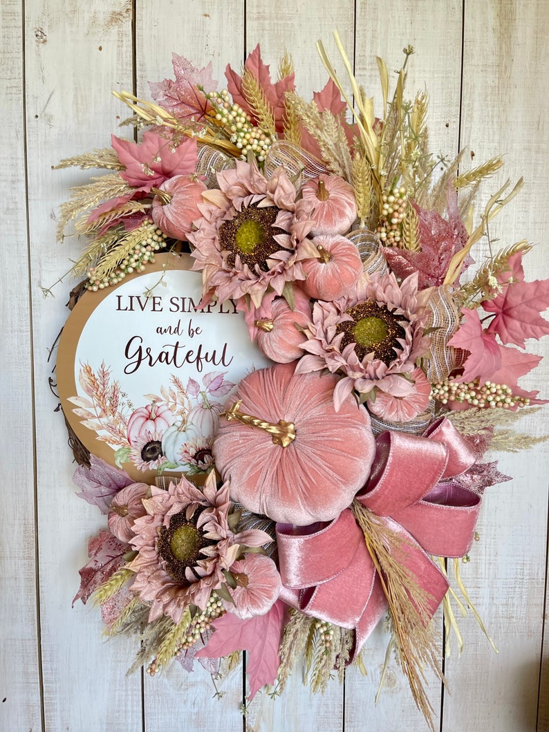 Pink Velvet Pumpkin Fall Wreath: Rose Gold Sunflowers, Farmhouse Decor ...