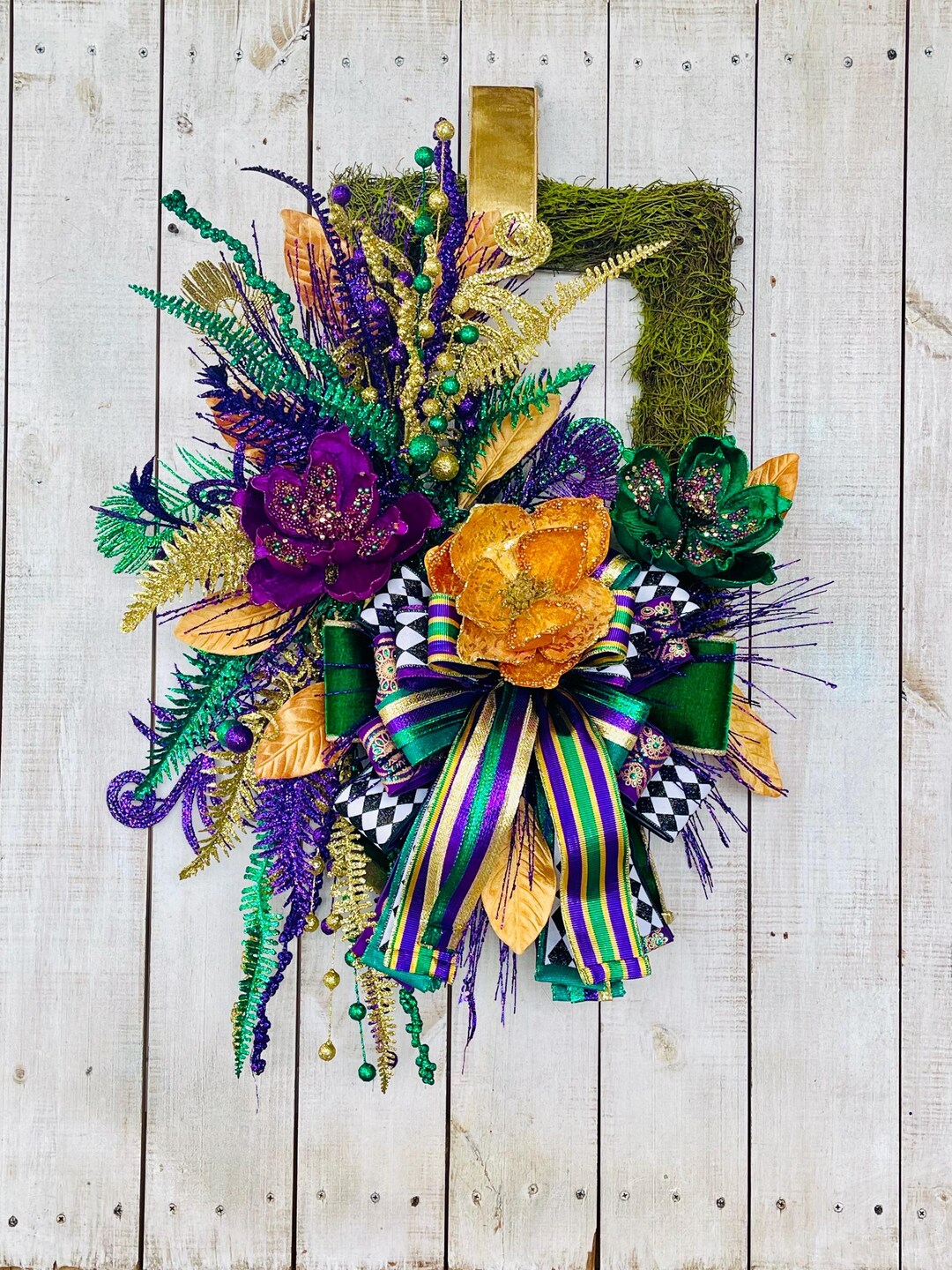 Mardi Gras Magnolia Moss Wreath: Purple, Green, and Gold Door Hanger - Etsy