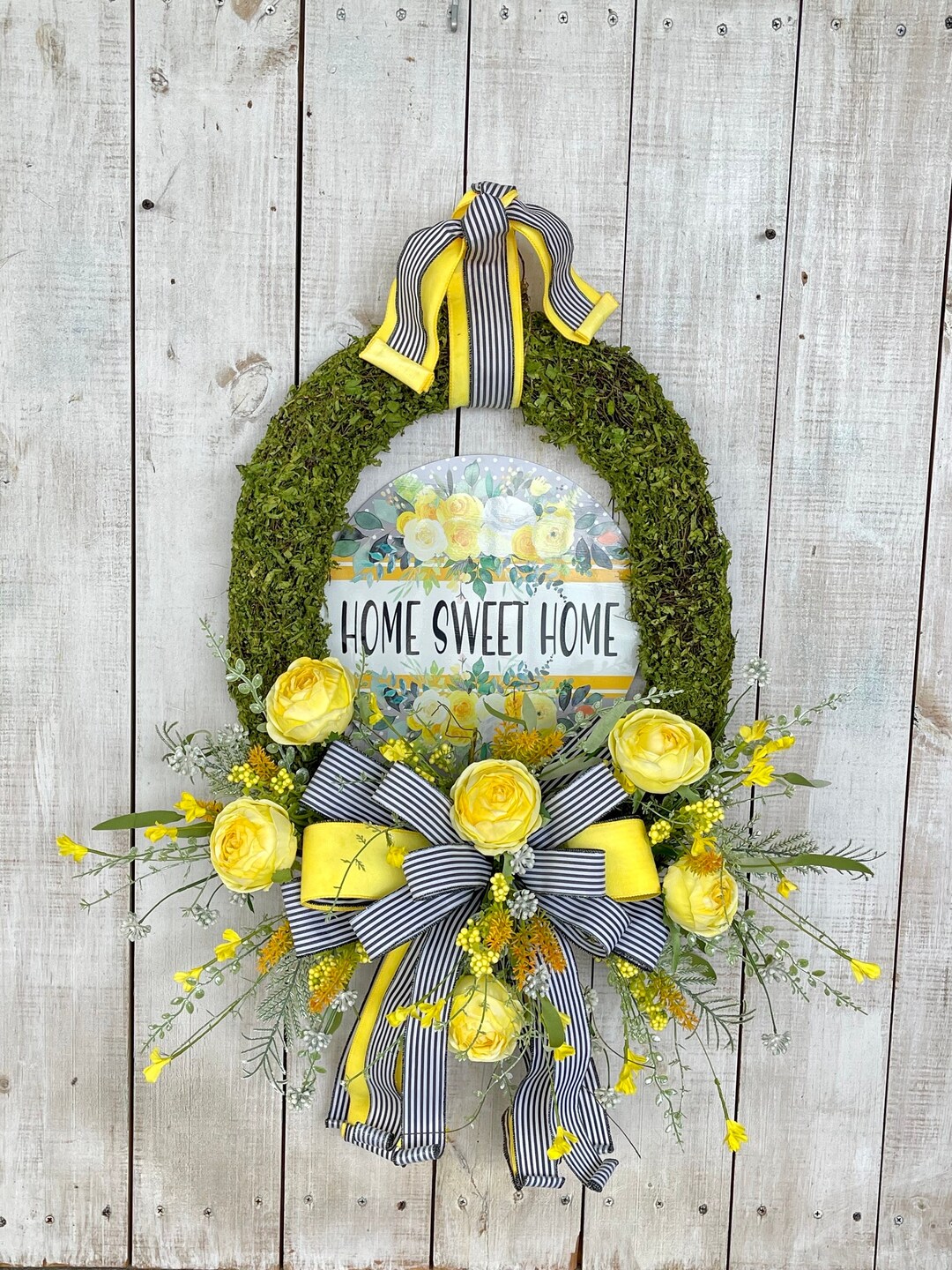 Yellow Peony Moss Wreath: Home Sweet Home Front Door Decor - Etsy