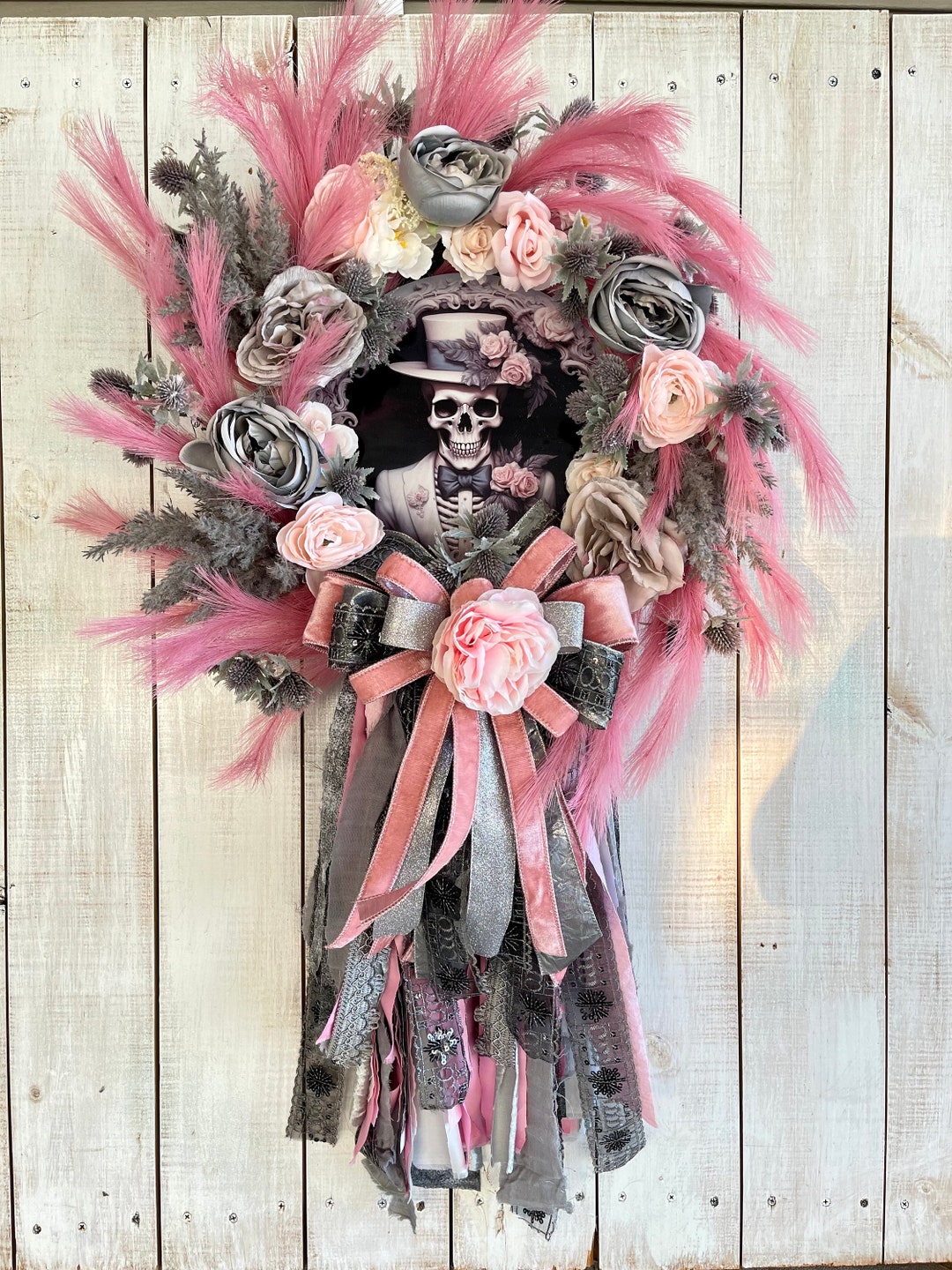 Mr. Bones Halloween Wreath: Blush Pink Skeleton Decor With Rag Bow - Etsy