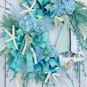 Sailboat Wreath: Coastal Beach Nautical Turquoise Floral Grapevine ...