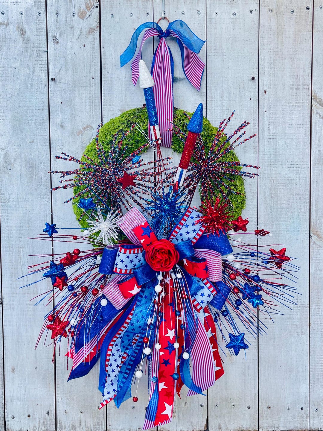 Patriotic 4th of July Wreath, Red White Blue Fireworks Door Decor - Etsy