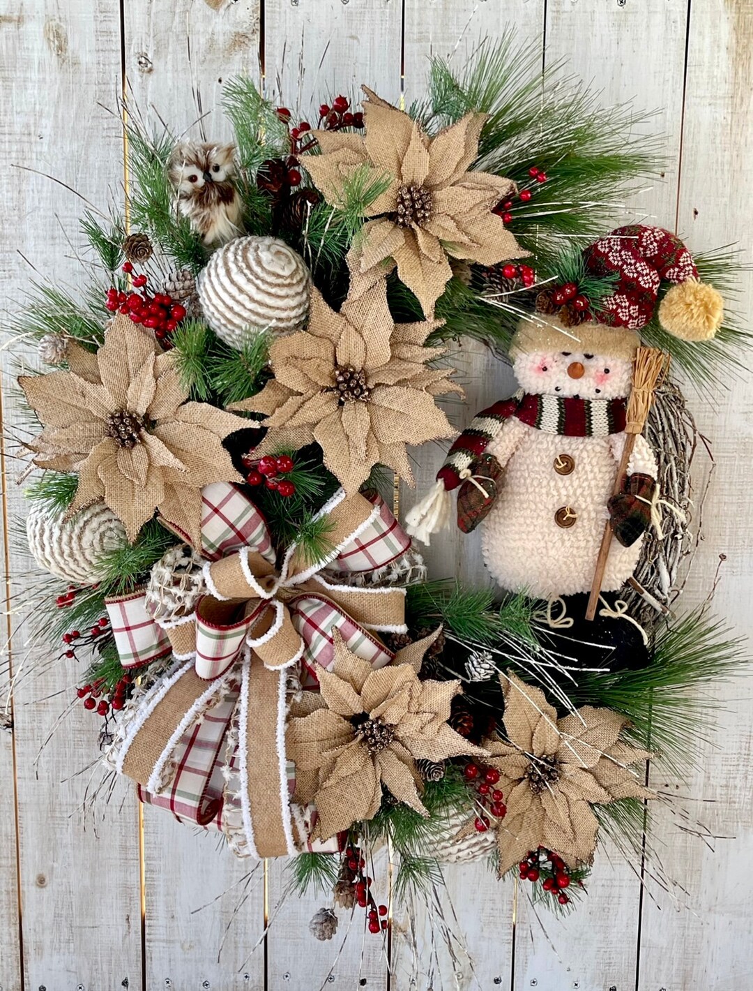 Rustic Snowman Christmas Wreath: Burlap Poinsettia, Plaid Bow - Etsy