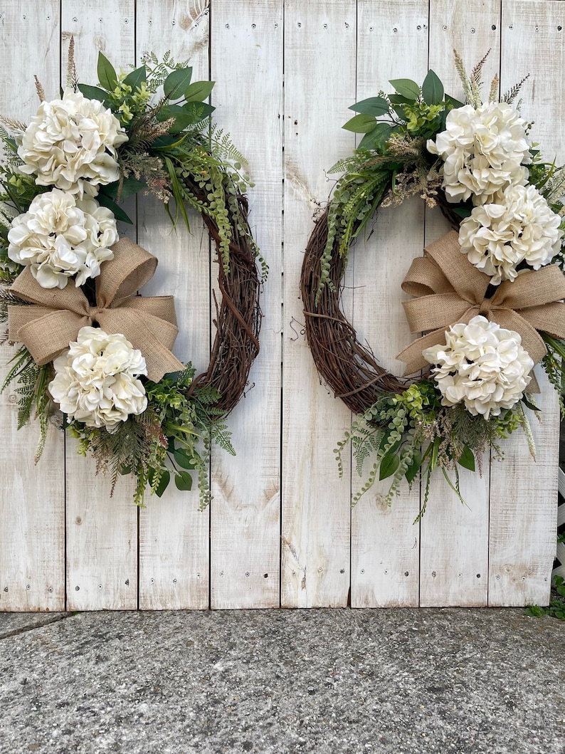 Hydrangea Double Door Wreath Set: Farmhouse Burlap Bow Decor - Etsy