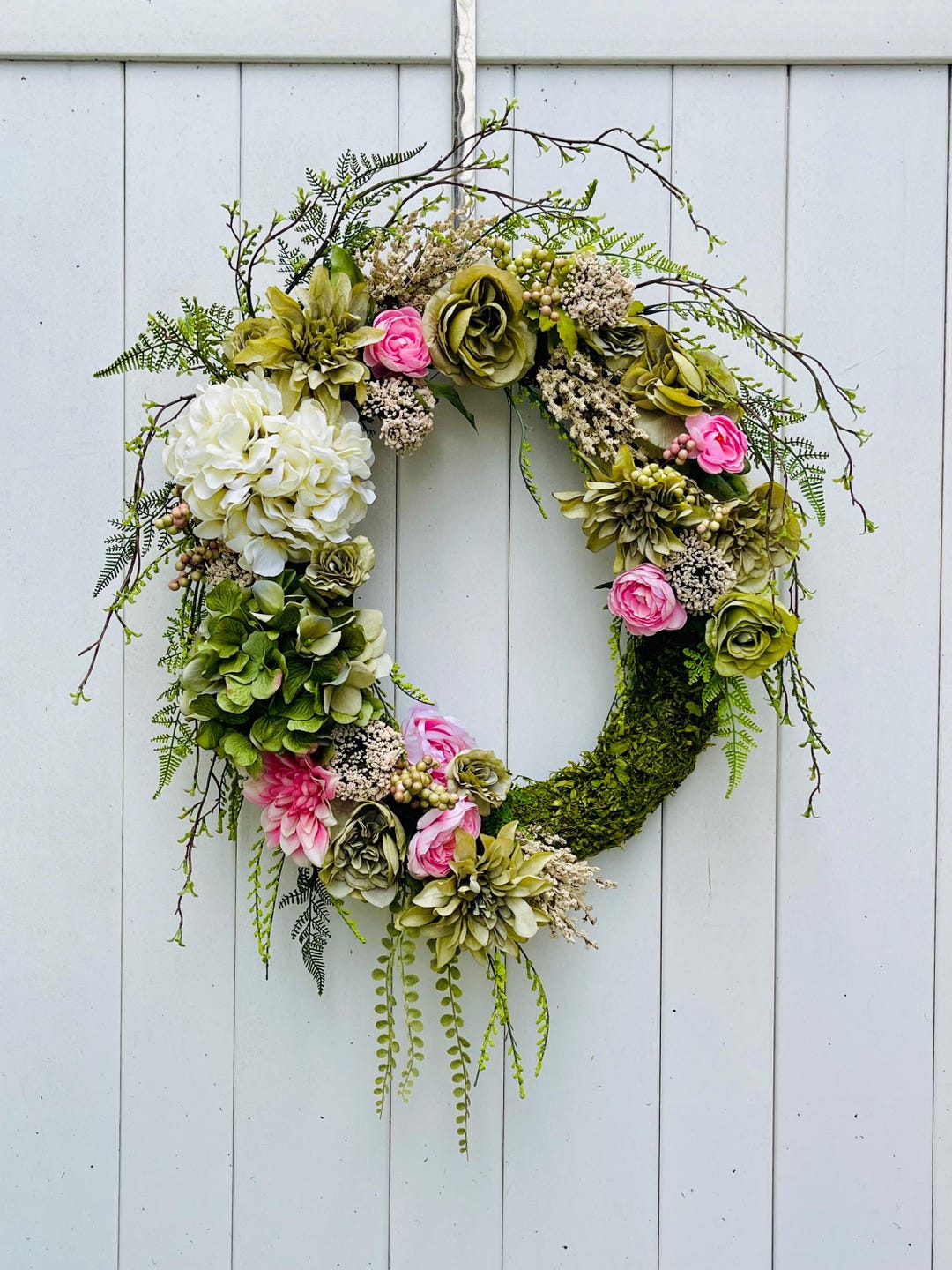 Hydrangea Peony Moss Wreath: Pink Green Farmhouse Decor - Etsy