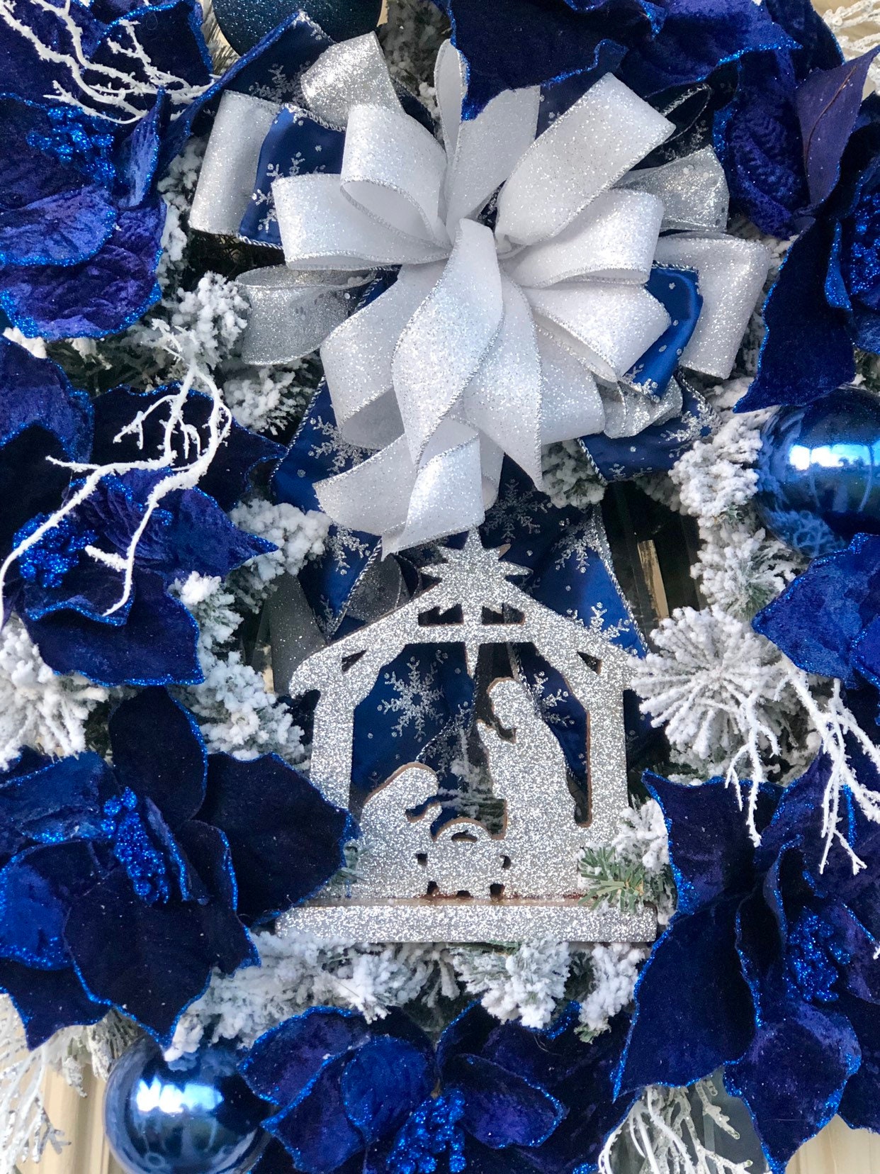 Christmas Nativity wreath blue Poinsettias holiday wreath | Etsy