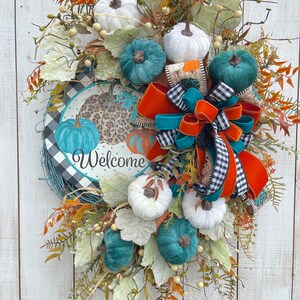 Fall Thanksgiving Autumn Harvest Teal White Pumpkin Farmhouse Wreath ...