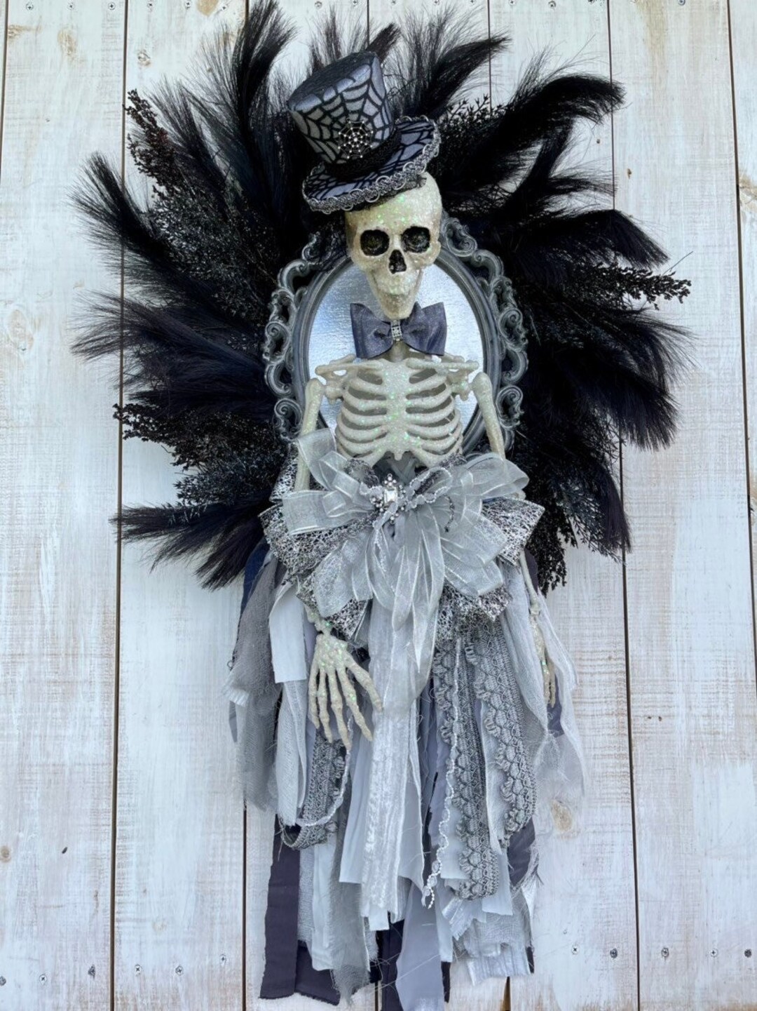 Halloween Skeleton Mr. Bones Coming Out of Mirror Wreath for - Etsy