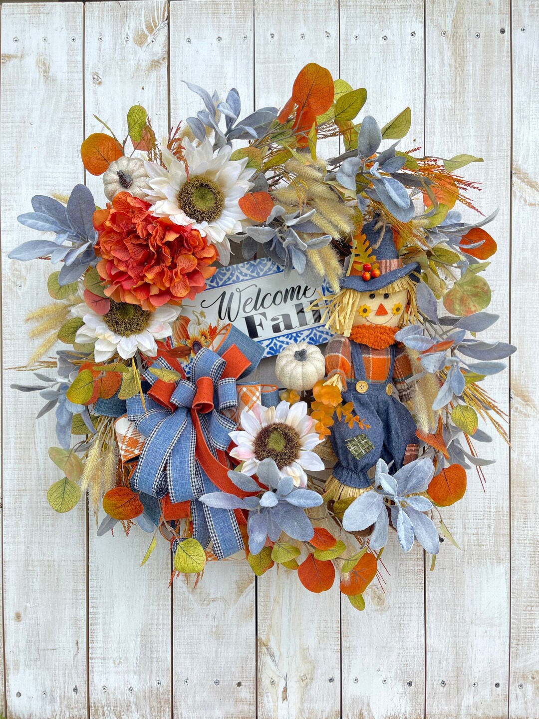 Thanksgiving Autumn Fall Scarecrow Sunflower Pumpkin Welcome Wreath for ...